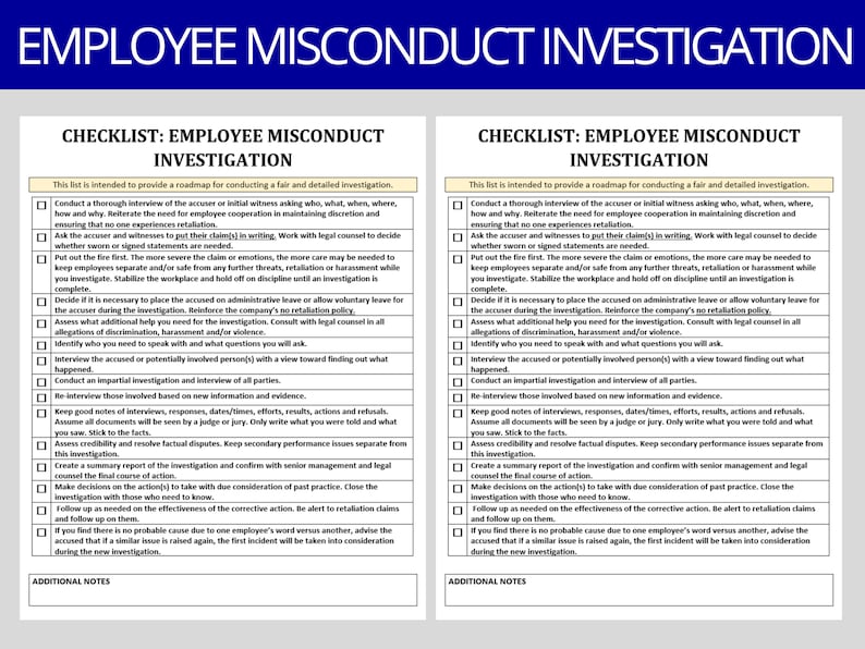 Employee Misconduct Investigation: HR Checklist Template (A4 Editable ...