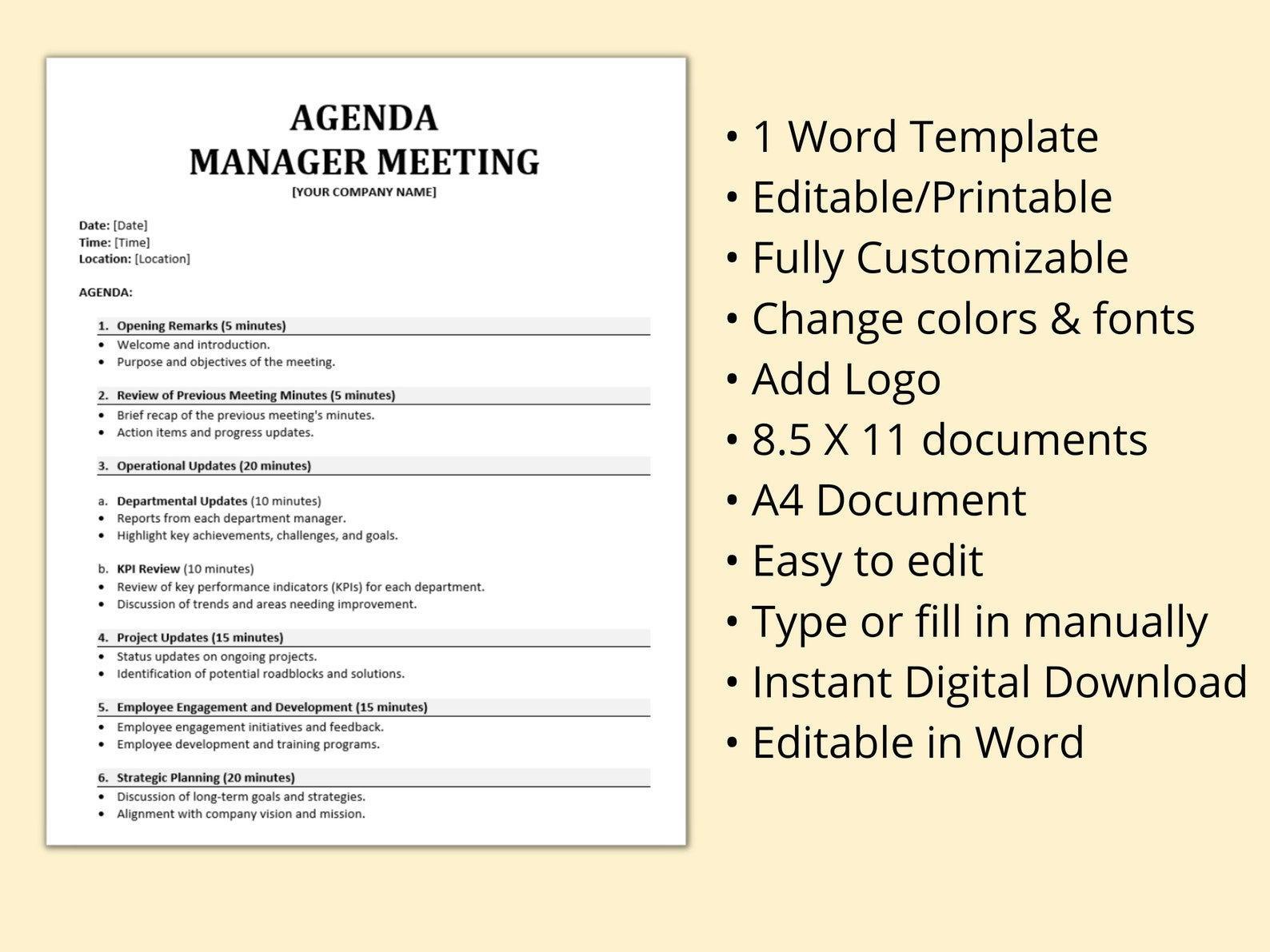 Manager Meeting Agenda Template: HR, Operations, KPI (editable Word ...