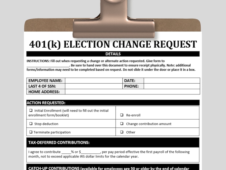 401k Election Change Request Form Employee Contribution Adjustment ...