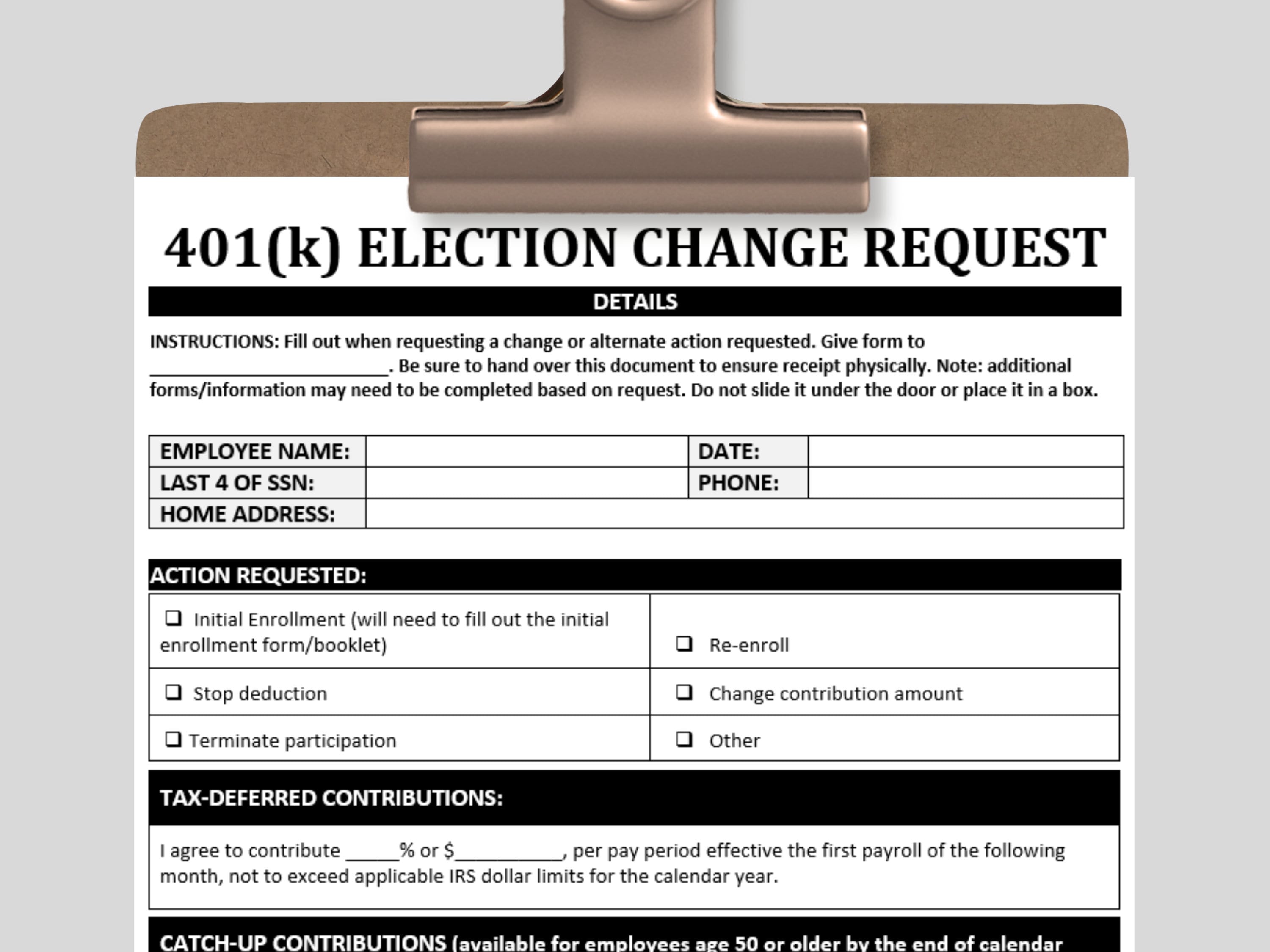 401k Election Change Request Form Employee Contribution Adjustment ...