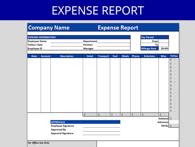 Expense Report Template: Editable Excel Form, HR Template, Payroll ...