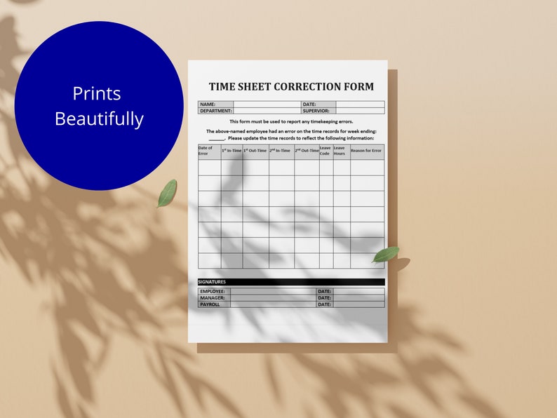 Employee Time Sheet Correction Form: Missed Punch, Time Adjustment (payroll Template) - Etsy