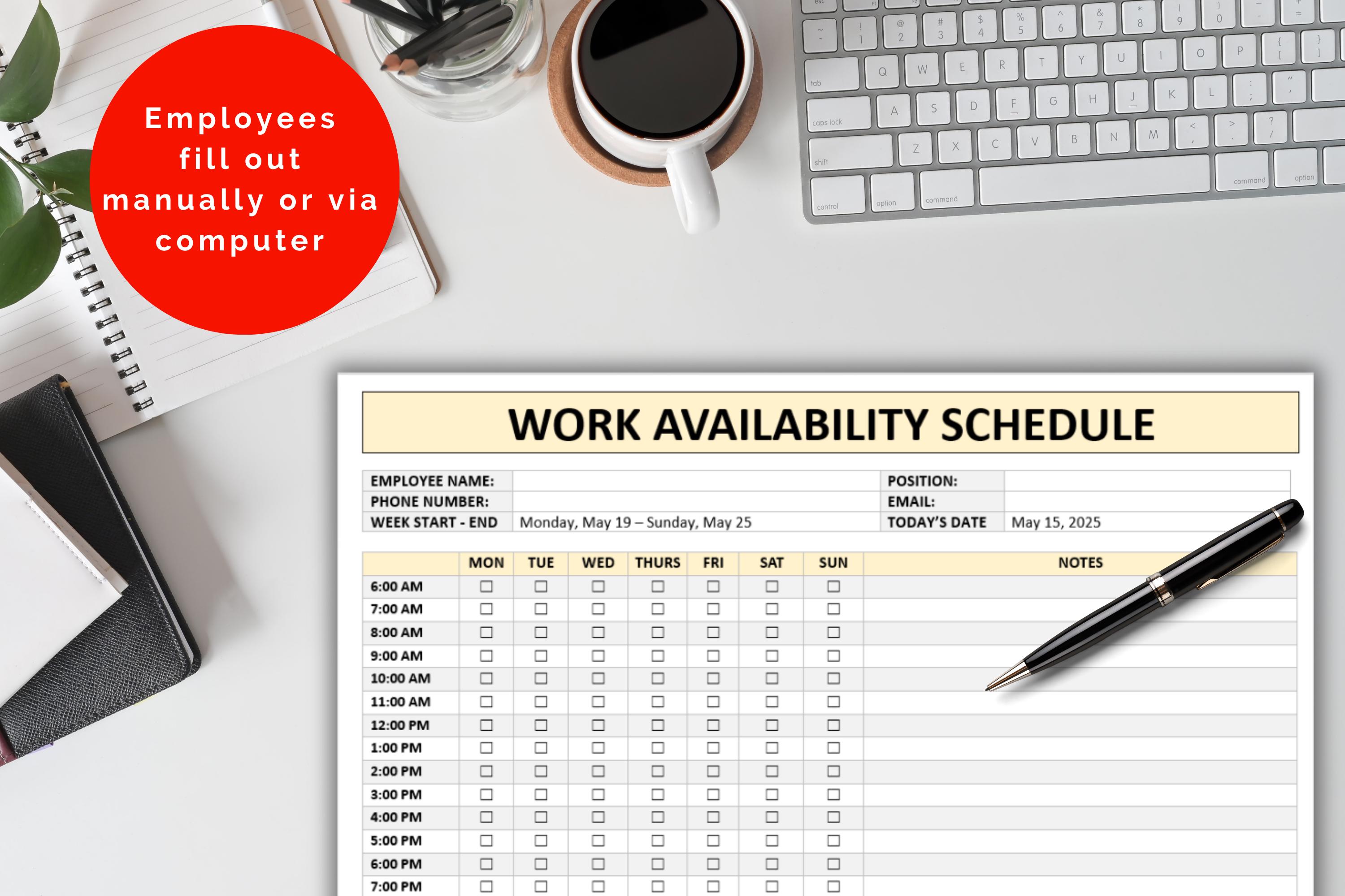 Employee Work Availability Form: Weekly Schedule Template (word, Excel ...