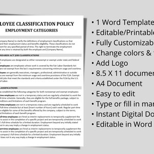 Employee Classification Policy Template: Editable HR Word Form (digital ...