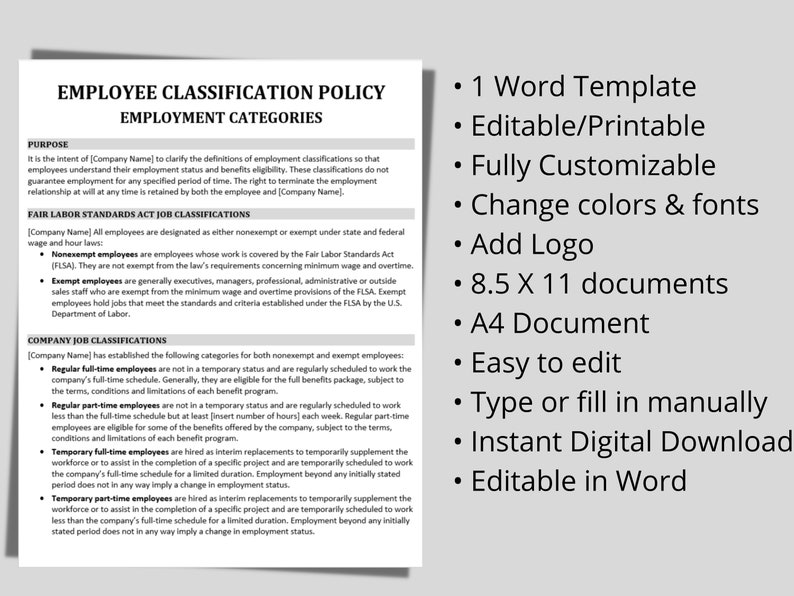 Employee Classification Policy Template: Editable HR Word Form (digital ...