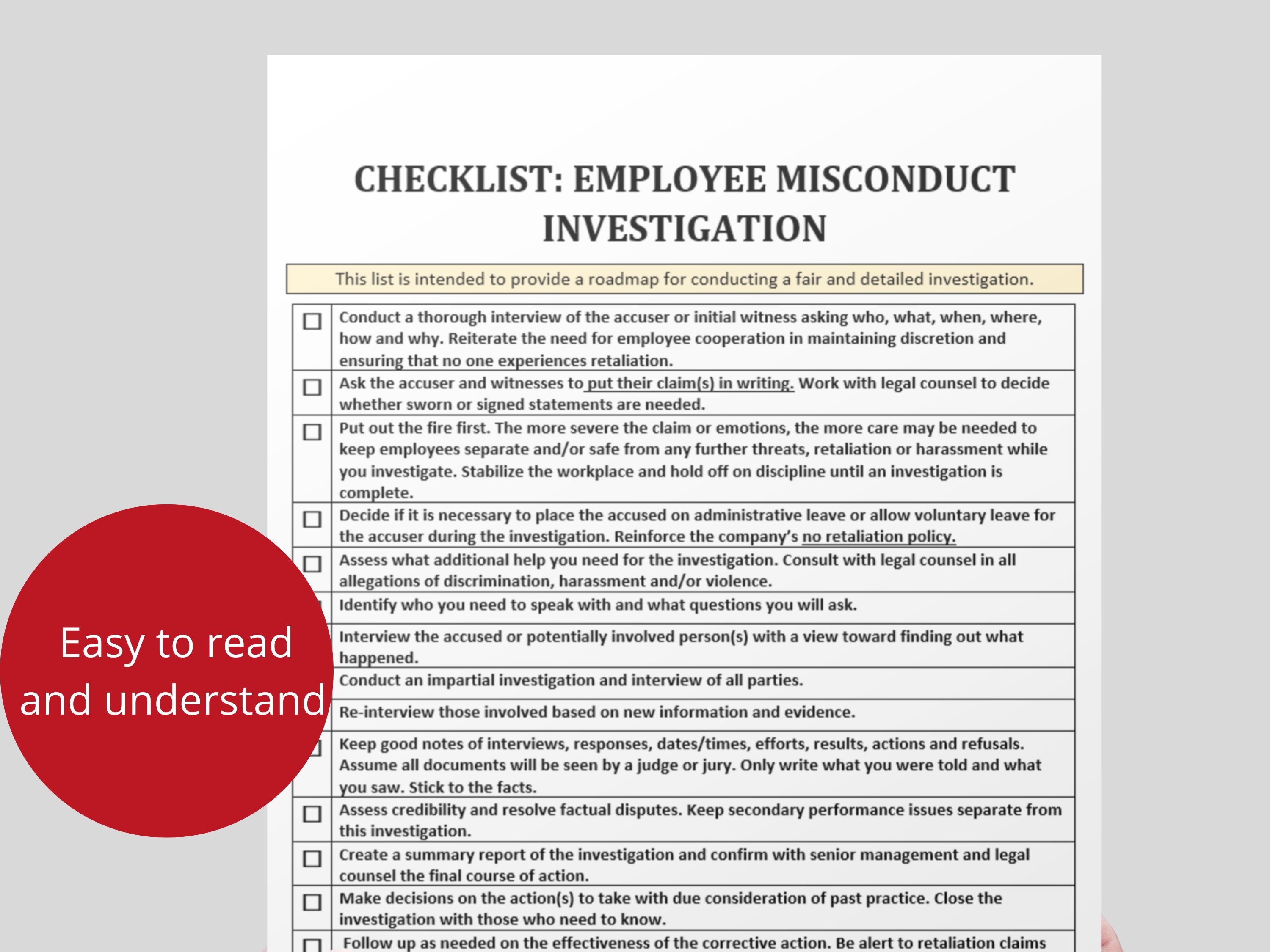 Employee Misconduct Investigation: HR Checklist Template (A4 Editable ...