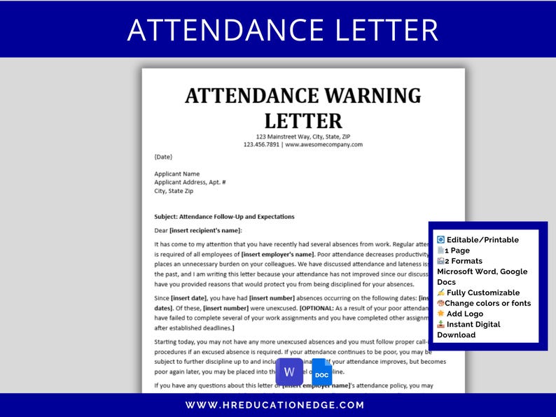 Attendance Warning Letter Template | HR Corrective Action (digital ...