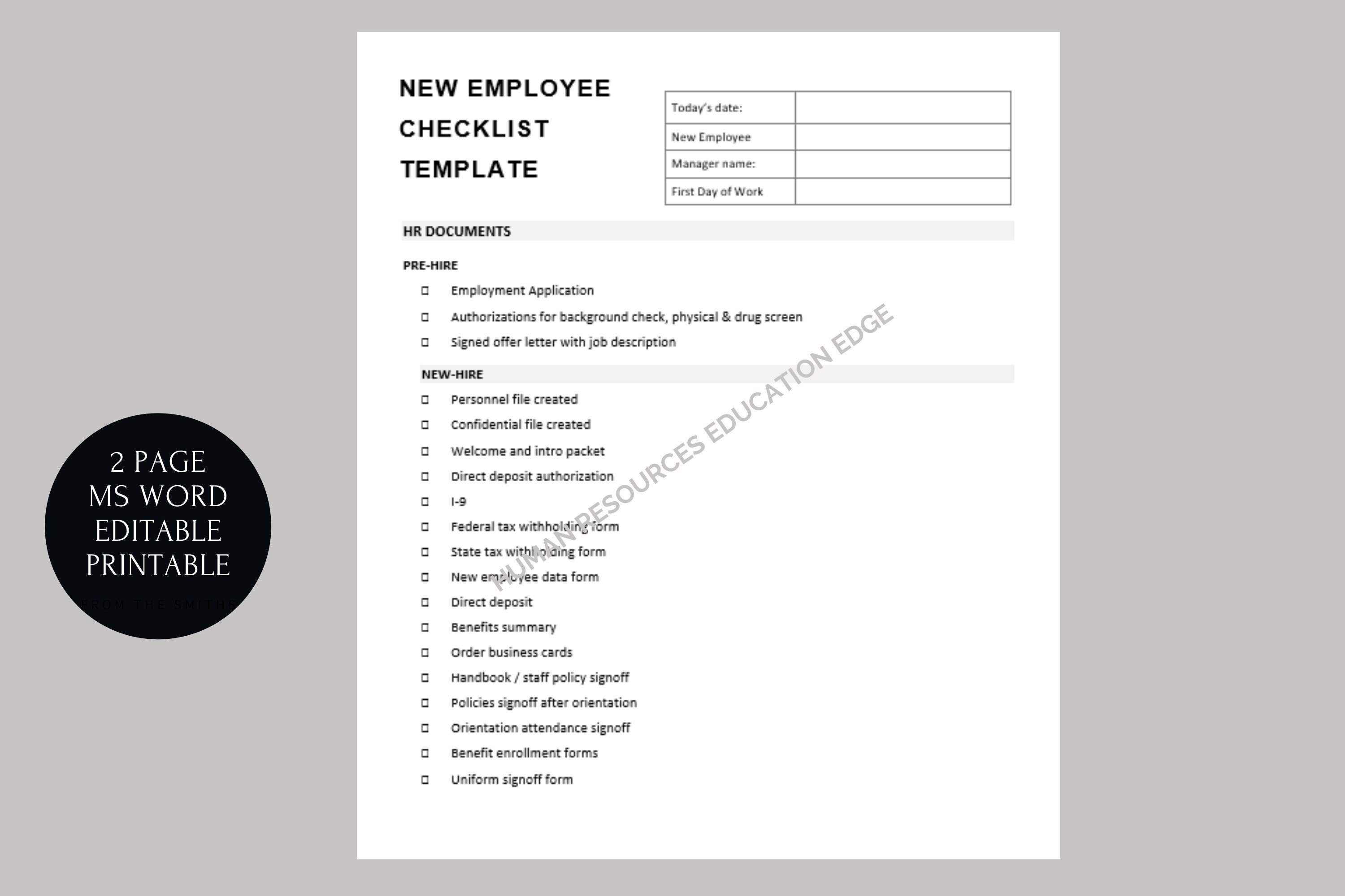 Checklist Template Editable MS Word Template New Employee - Etsy Canada