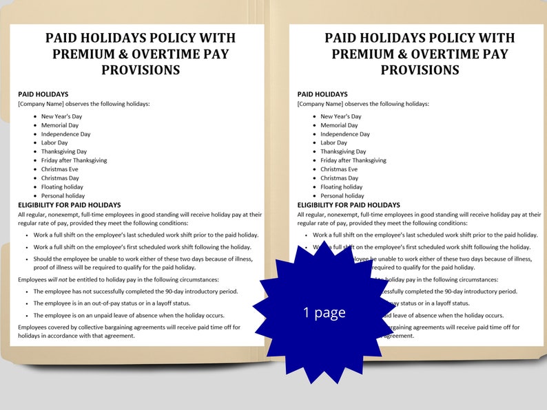 Holiday Pay Policy Template: Employee Leave & Overtime (digital ...