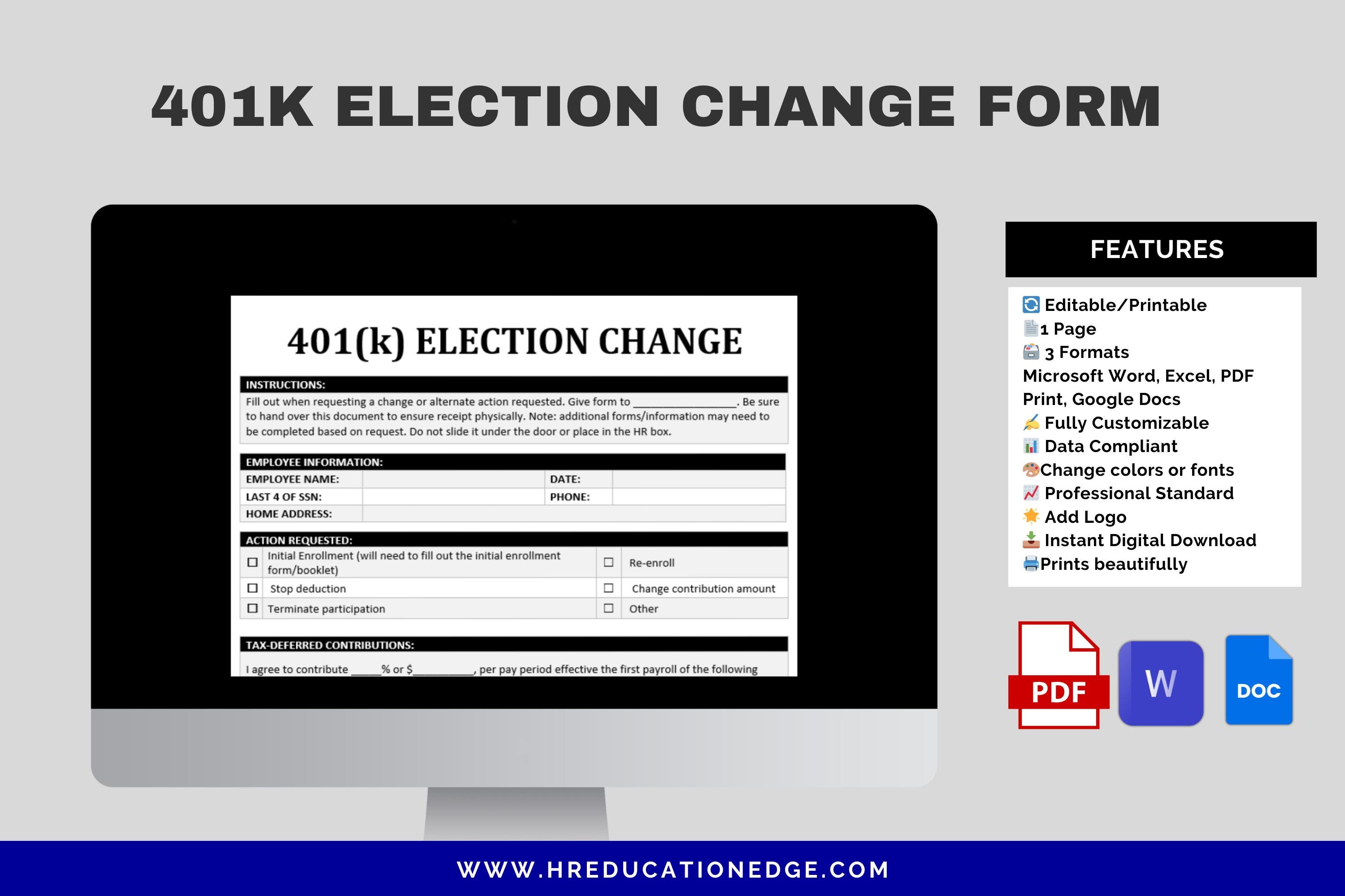 401k Plan Election Change Request Form: HR Template (digital Download ...