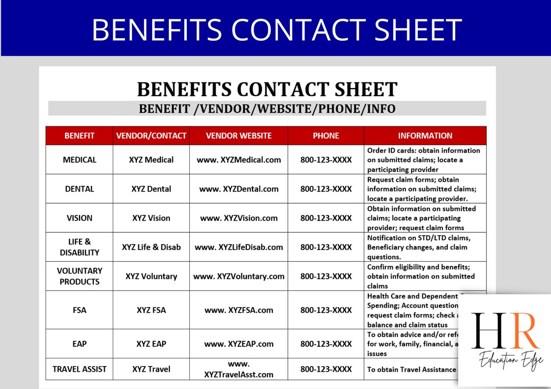 Benefits Contact Sheet Employee HR Templates HR Forms and Documents ...