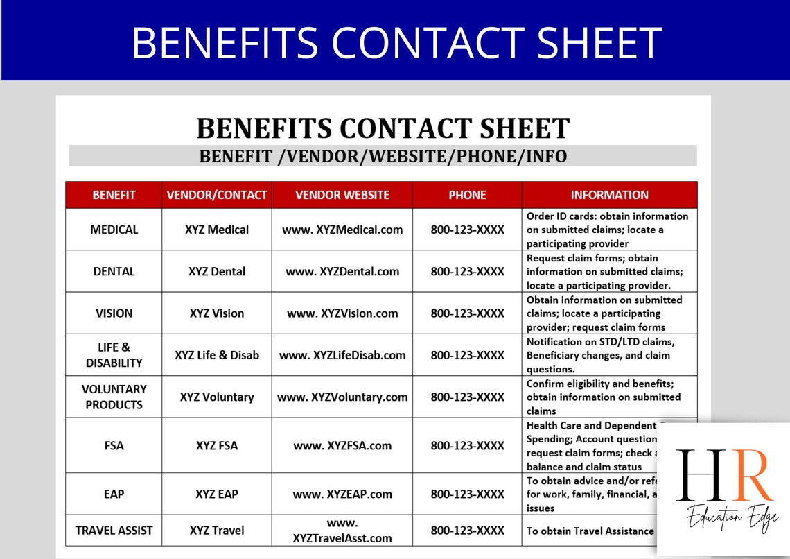 Benefits Contact Sheet Employee HR Templates HR Forms and Documents ...