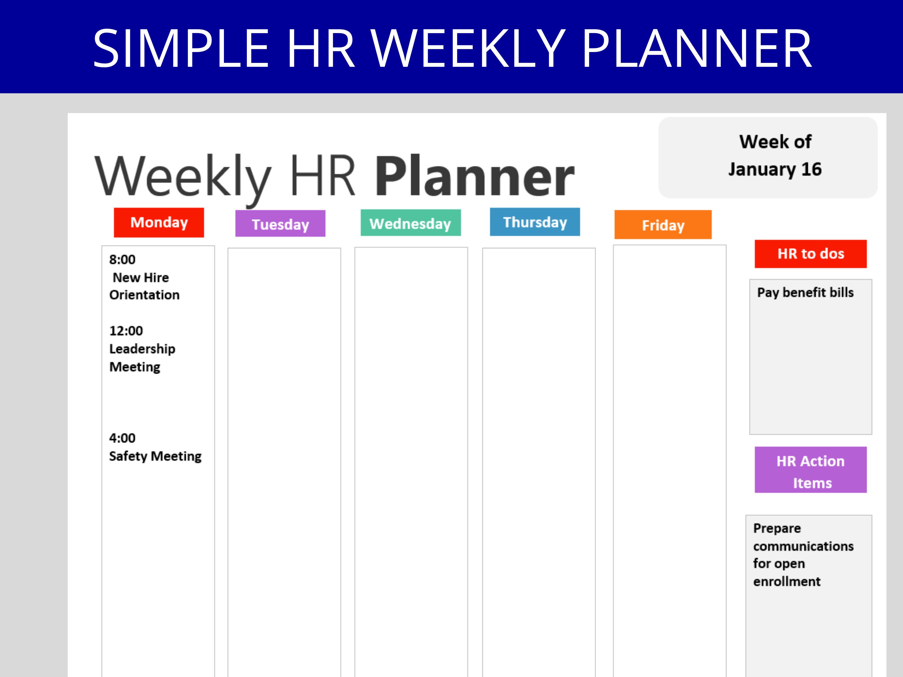 Simple HR Weekly Planner: Editable & Colorful Word Calendar Employee ...