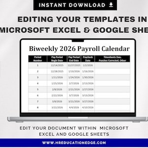 2026 Biweekly Payroll Calendar: Excel, Word, Google Docs & PDF - Etsy