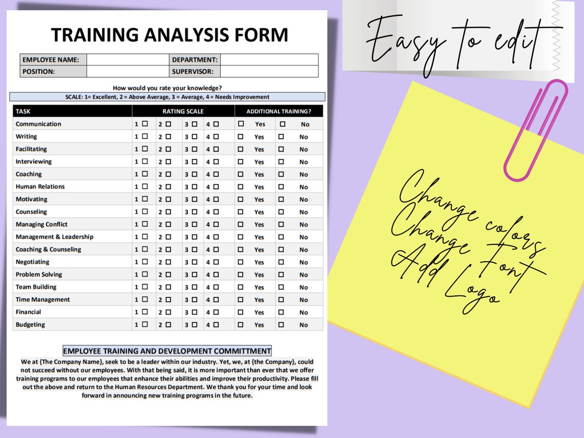 Training Needs Analysis Template Editable HR Form Employee - Etsy