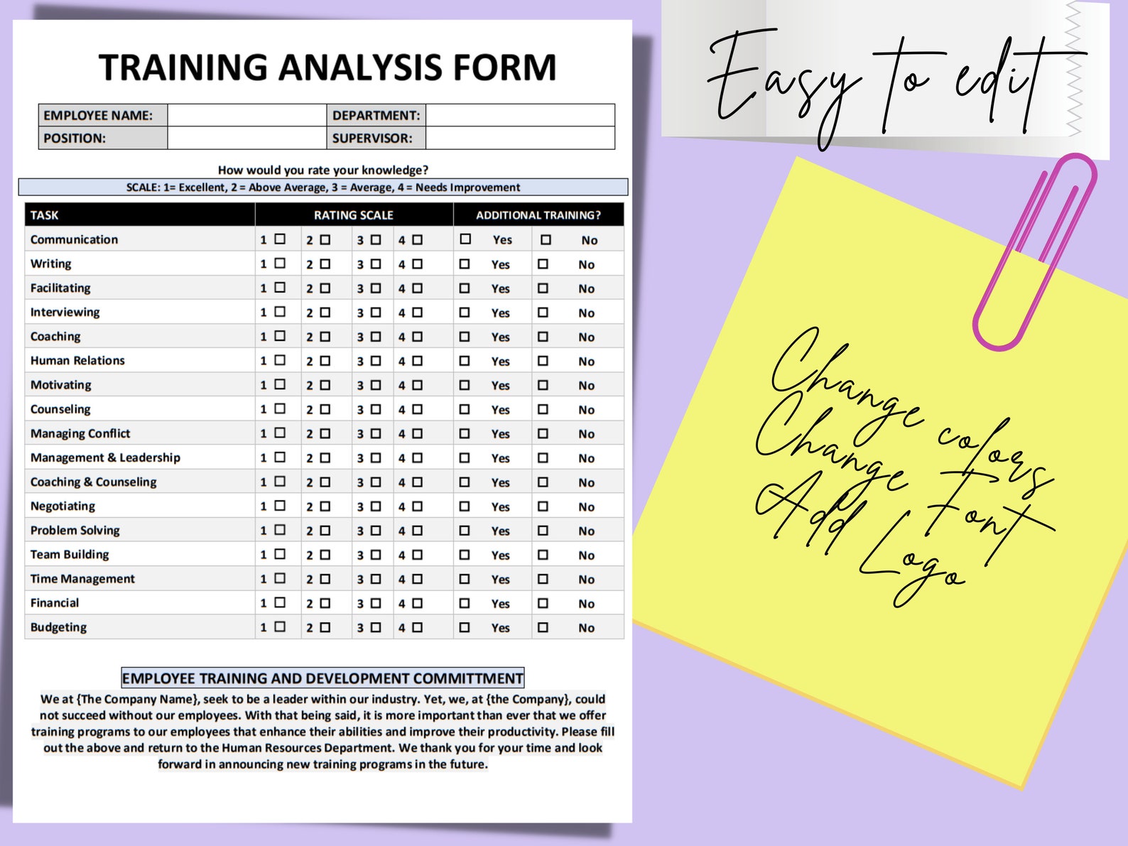 Training Needs Analysis Template Editable HR Form Employee - Etsy
