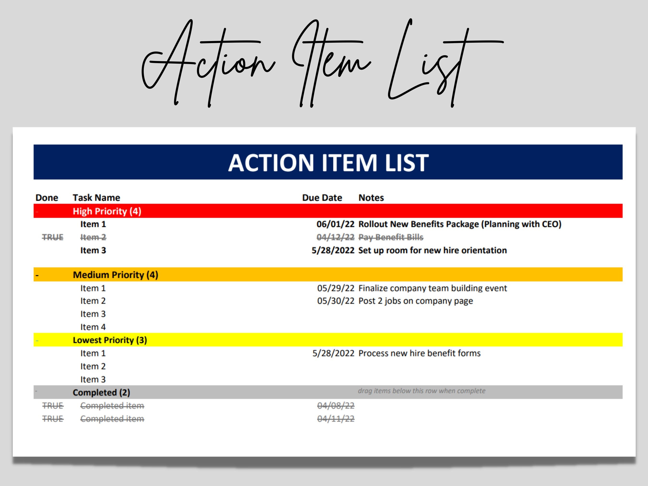 Action Item Excel Template