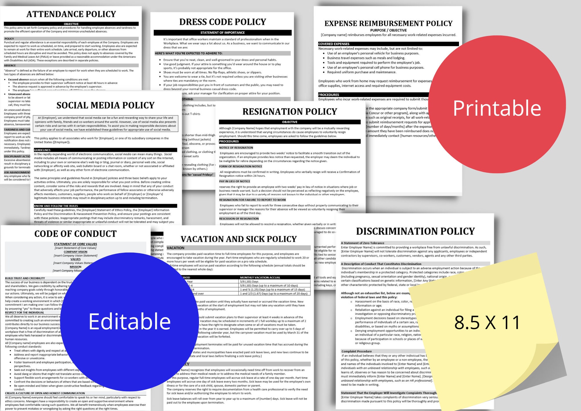 Employee Policy Template Bundle: HR Editable Word Forms - Etsy