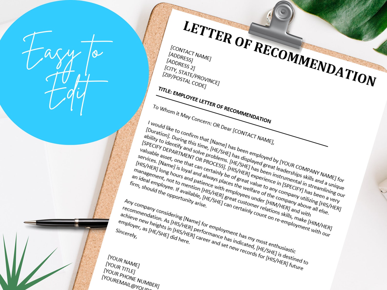 Editable HR Letter of Recommendation Template for Employment - Etsy