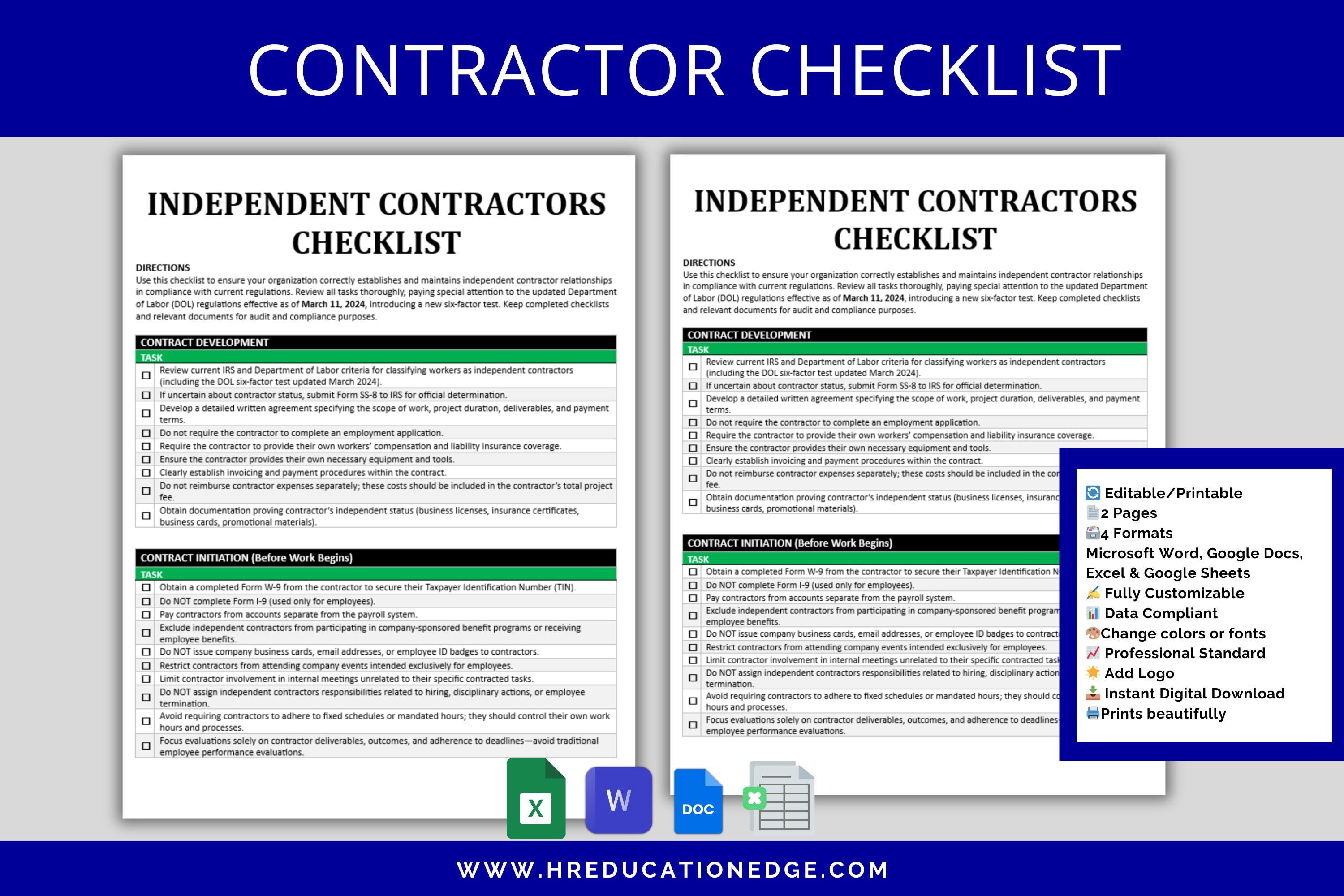 Independent Contractor Checklist | Editable Document | HR Template ...