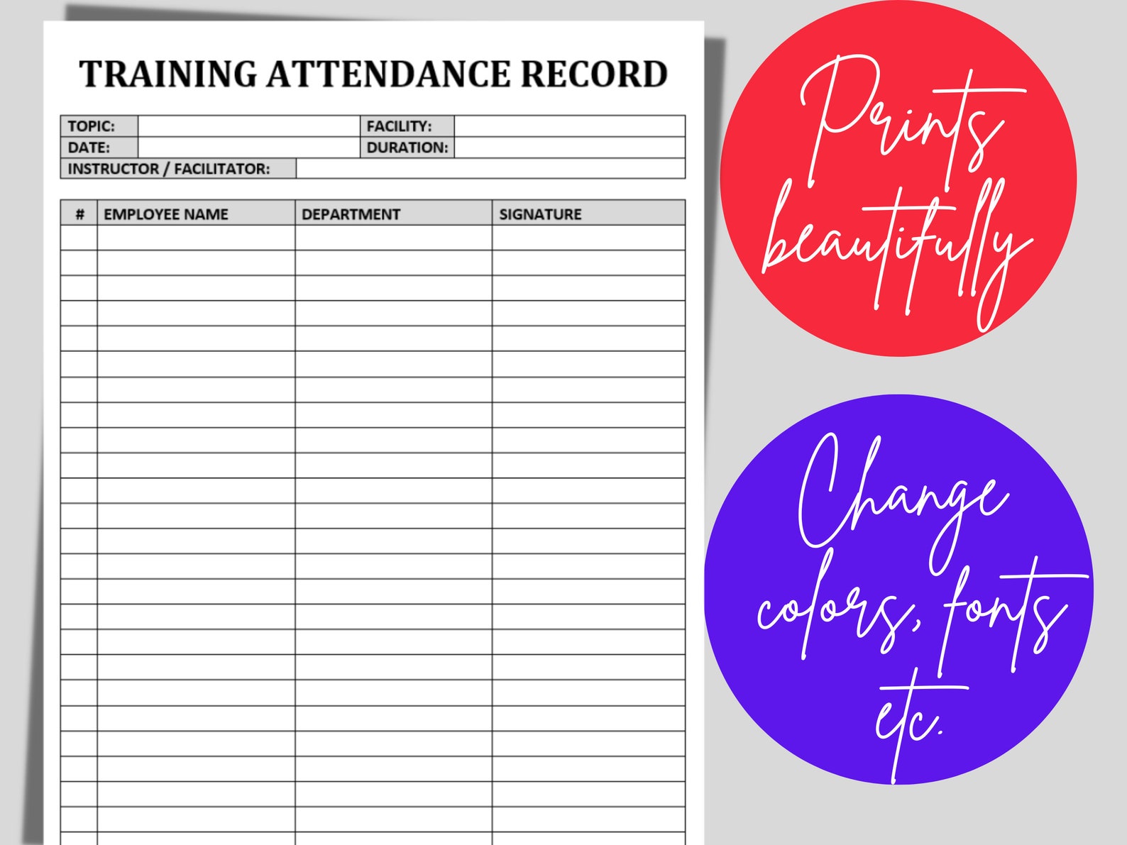 Training Attendance Record Template: Editable HR Form (MS Word) - Etsy