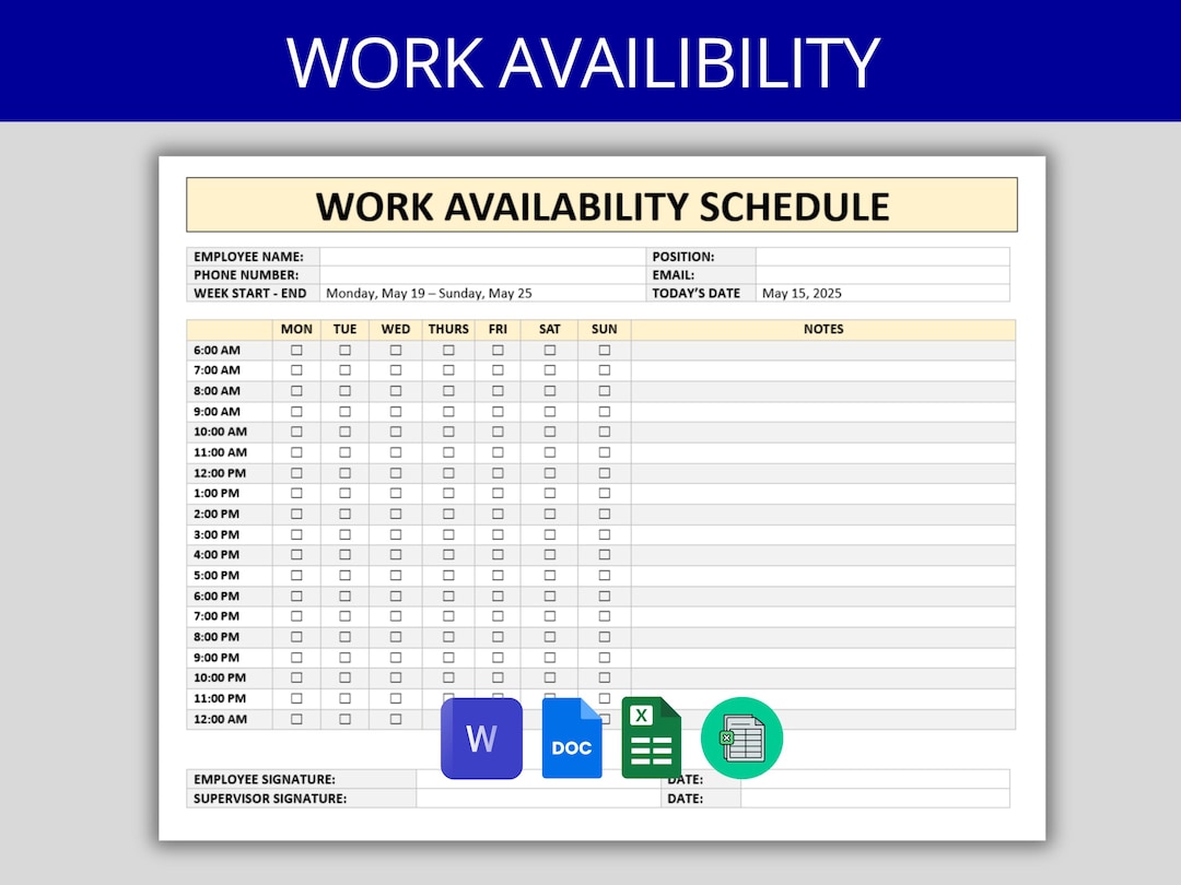Employee Availability Form: Weekly Hourly Schedule (digital Download ...