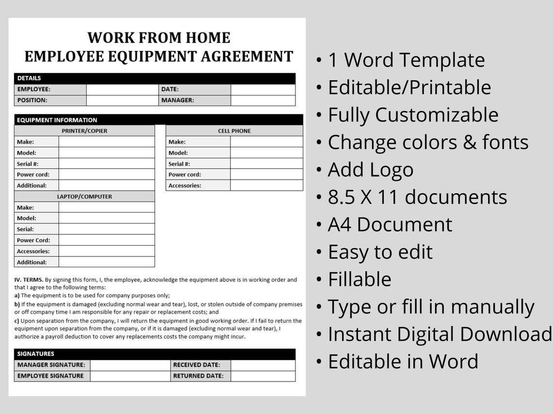 Employee Equipment Agreement Template: Editable HR Form (digital ...