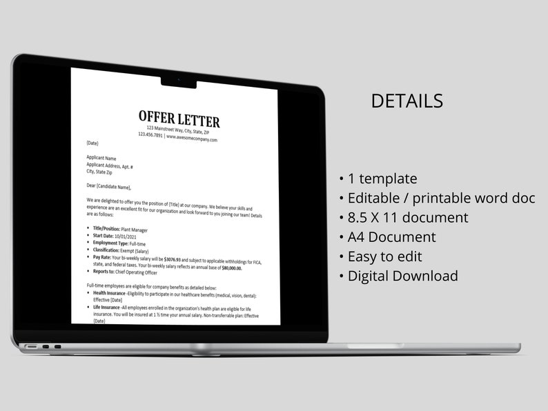 Plantilla de carta de oferta de trabajo / MS Editable Word / - Etsy México