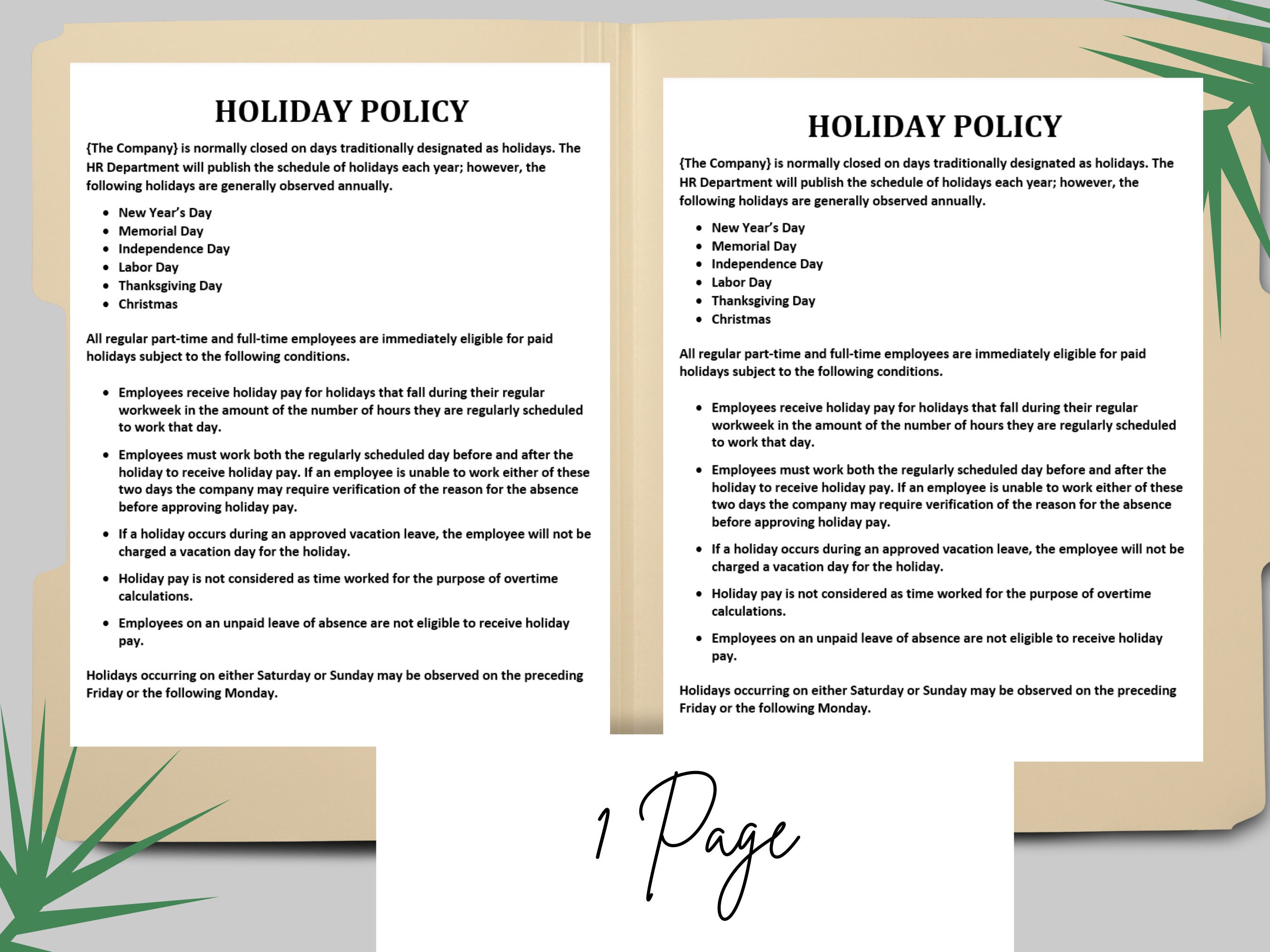 Holiday Policy Template Editable HR Form Human Resource Form Employee ...