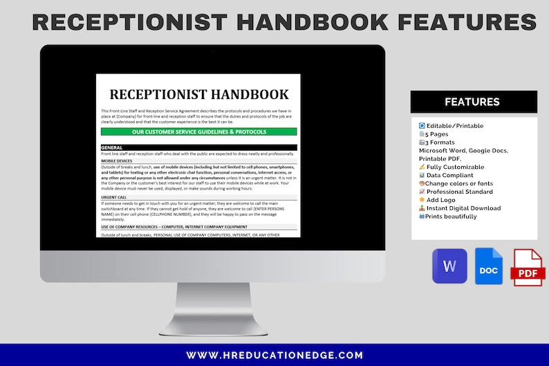 Receptionist Handbook Template: Front Desk Training Guide (word, Google ...