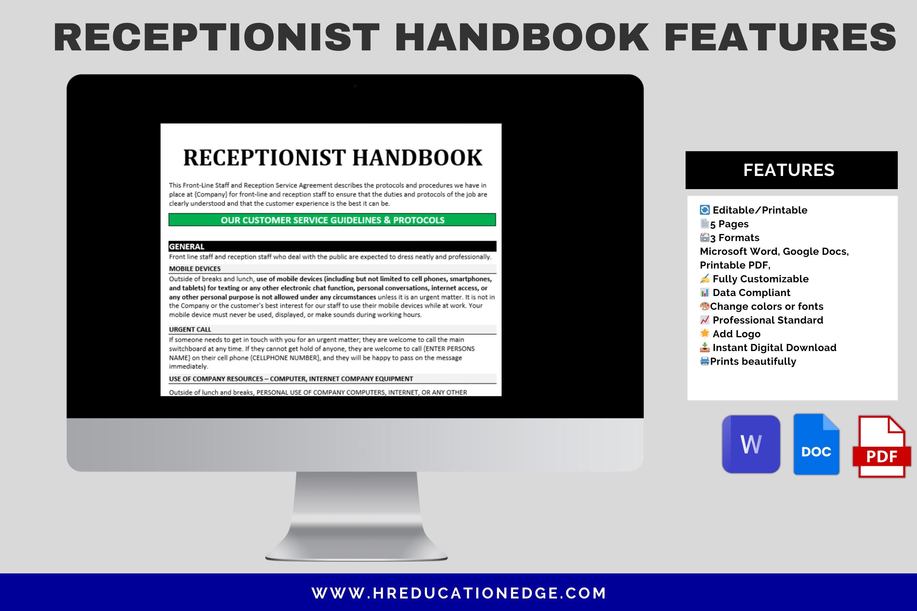Receptionist Handbook Template: Front Desk Training Guide (word, Google ...