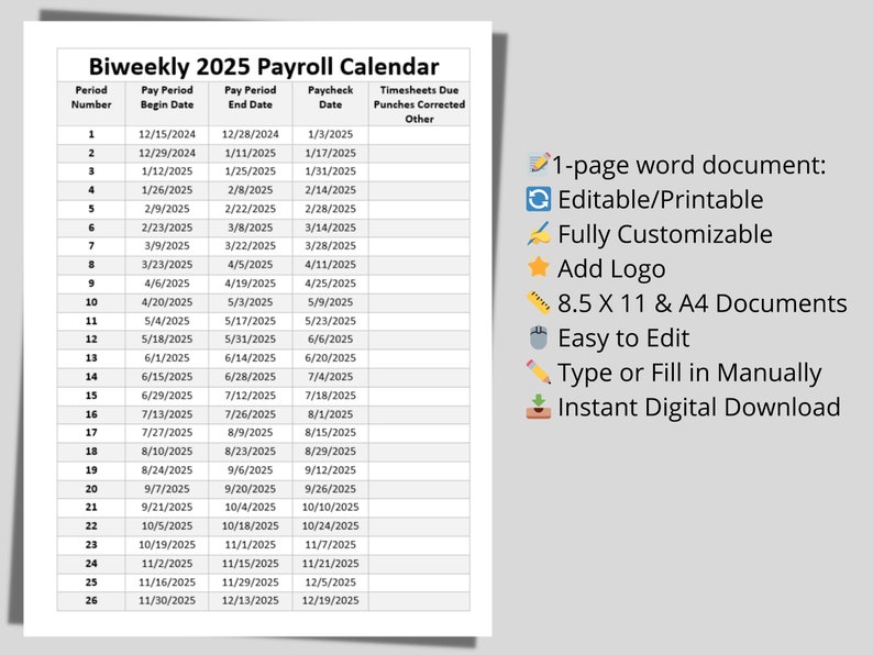 Biweekly Payroll Calendar 2025 MS Editable Word Pay Period Start & End ... Biweekly Payroll Calendar 2025 MS Editable Word Pay Period Start & End ...