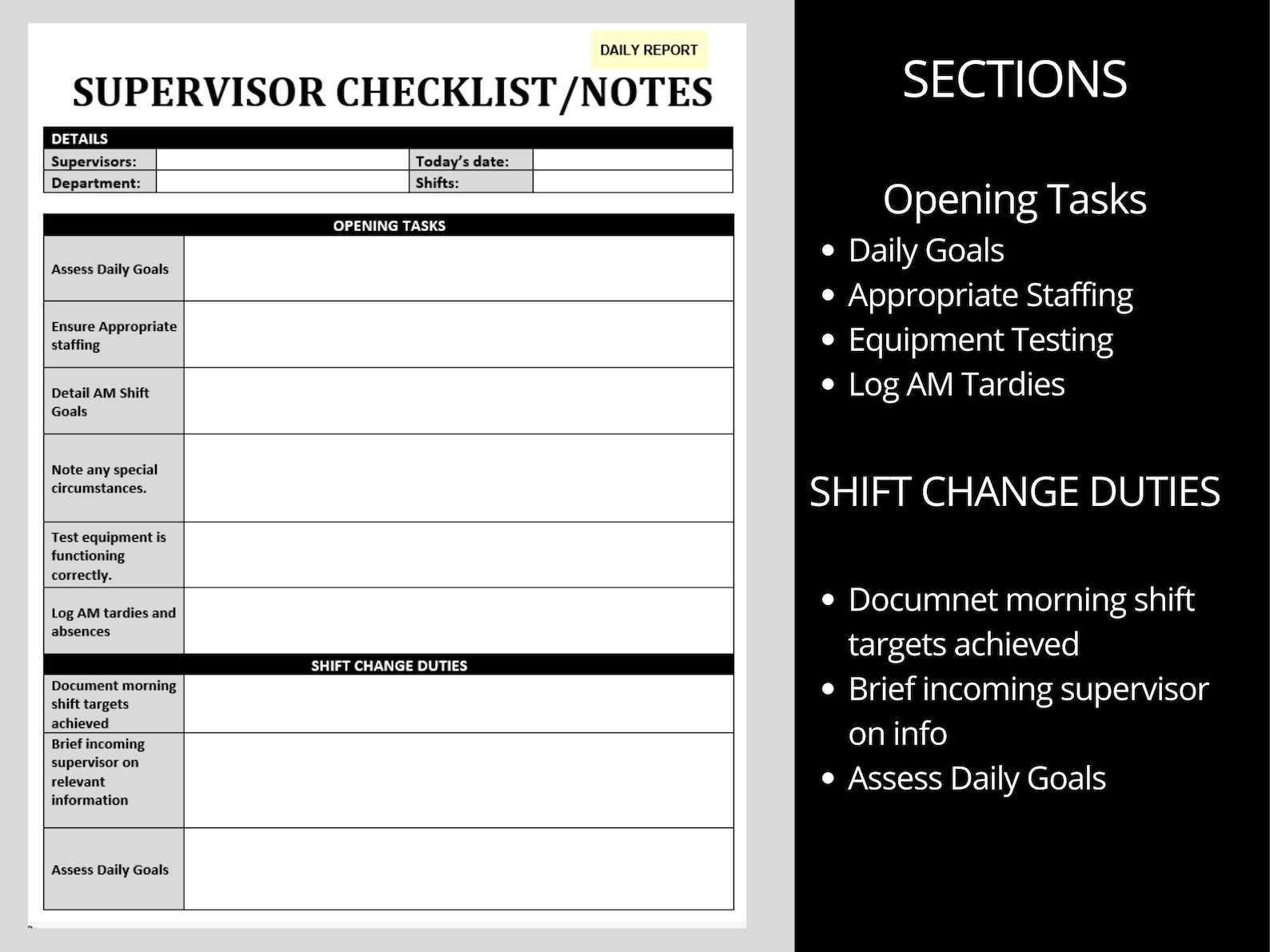 Daily Shift Supervisor Checklist: Editable MS Word Template - Etsy