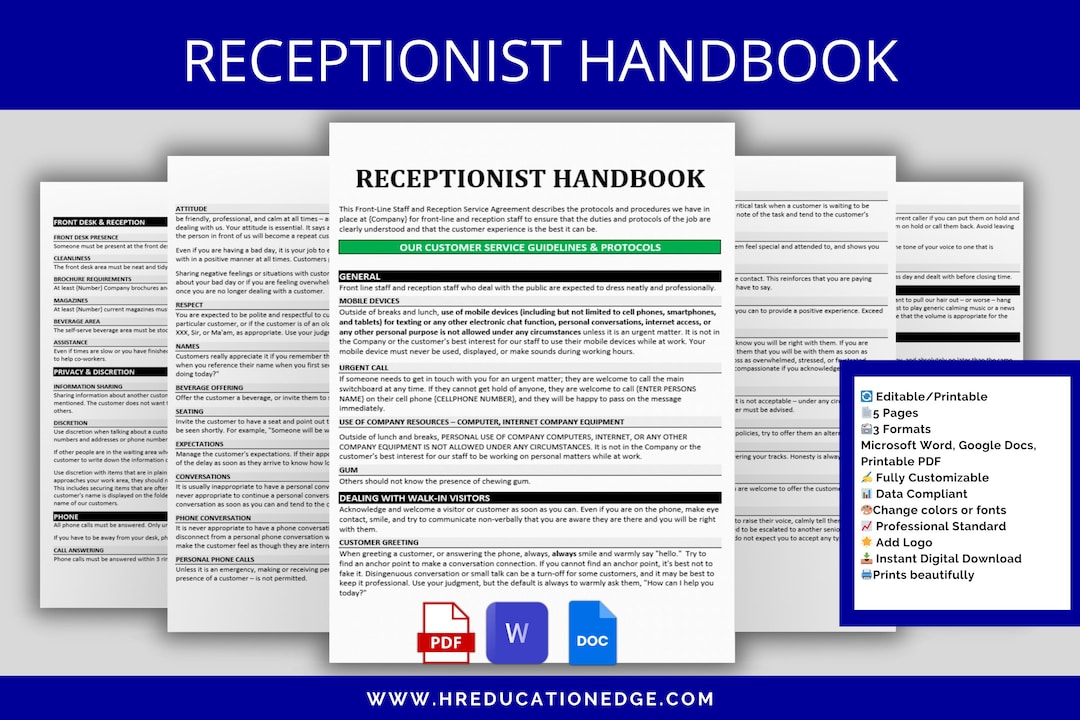 Receptionist Handbook Template: Front Desk Training Guide (word, Google ...