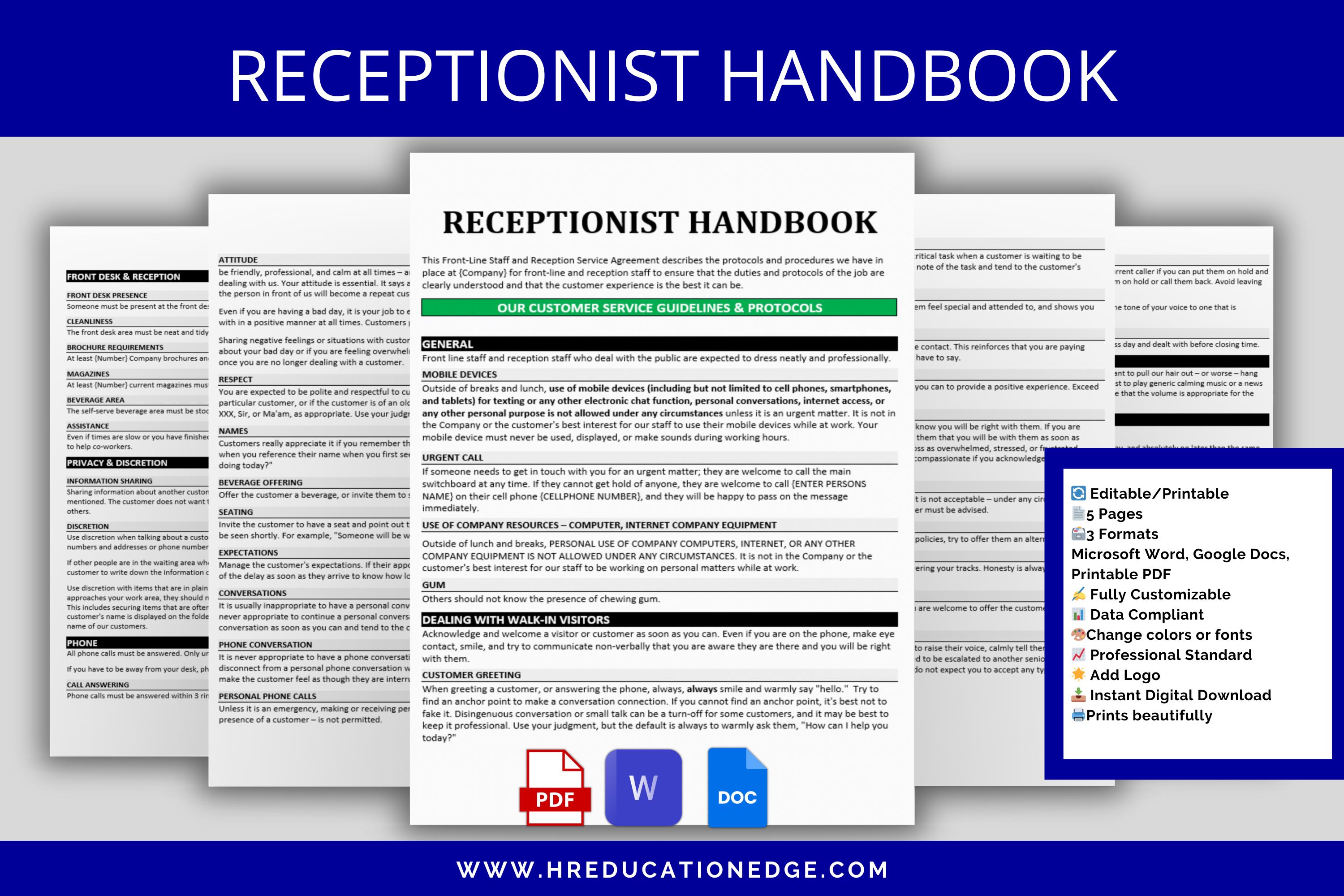 Receptionist Handbook Template: Front Desk Training Guide (word, Google ...