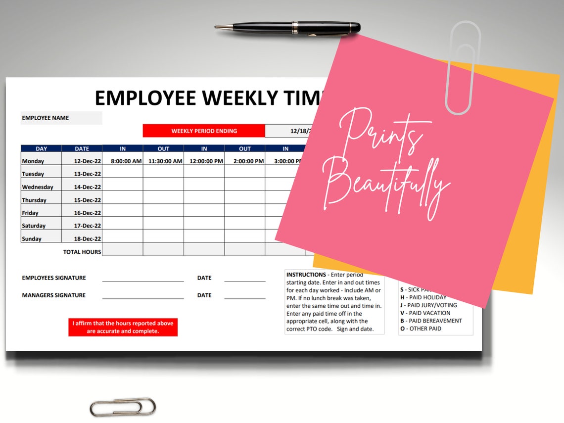 Employee Weekly Timesheet: Editable, Printable Excel Timesheet & Punch ...
