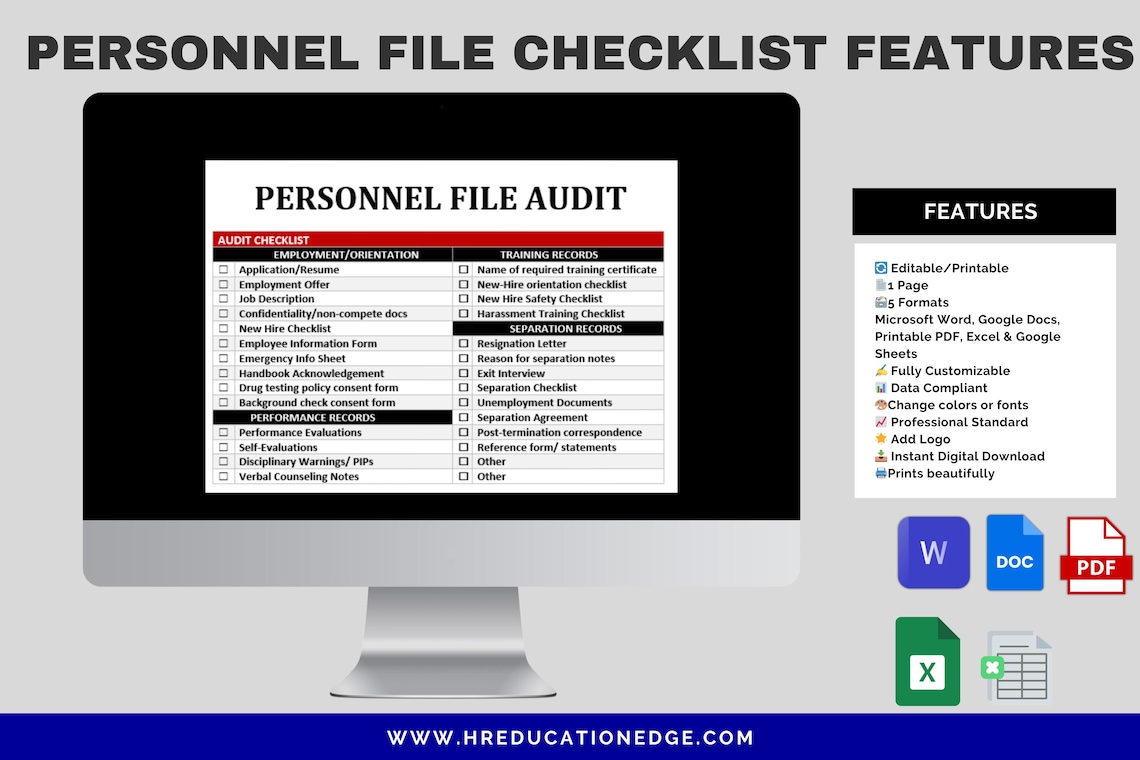 Personnel File Audit Checklist: HR Compliance Template (word, Excel ...