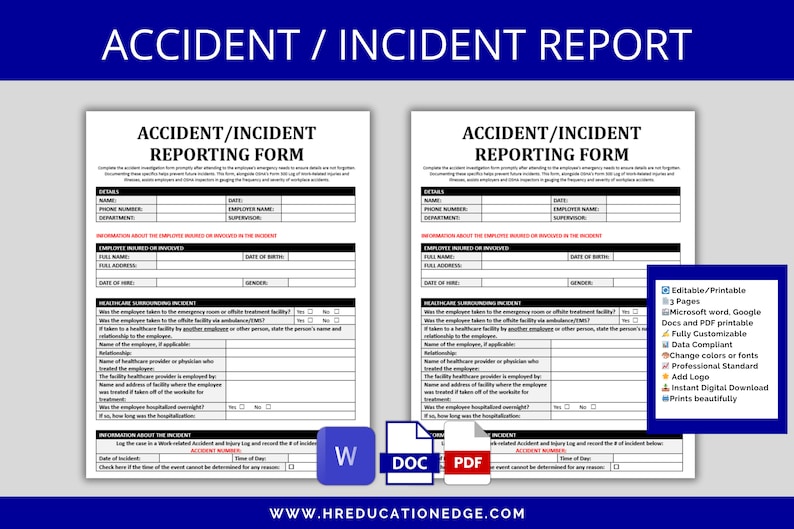 Employee Accident Incident Report Form: OSHA HR Compliance (digital ...