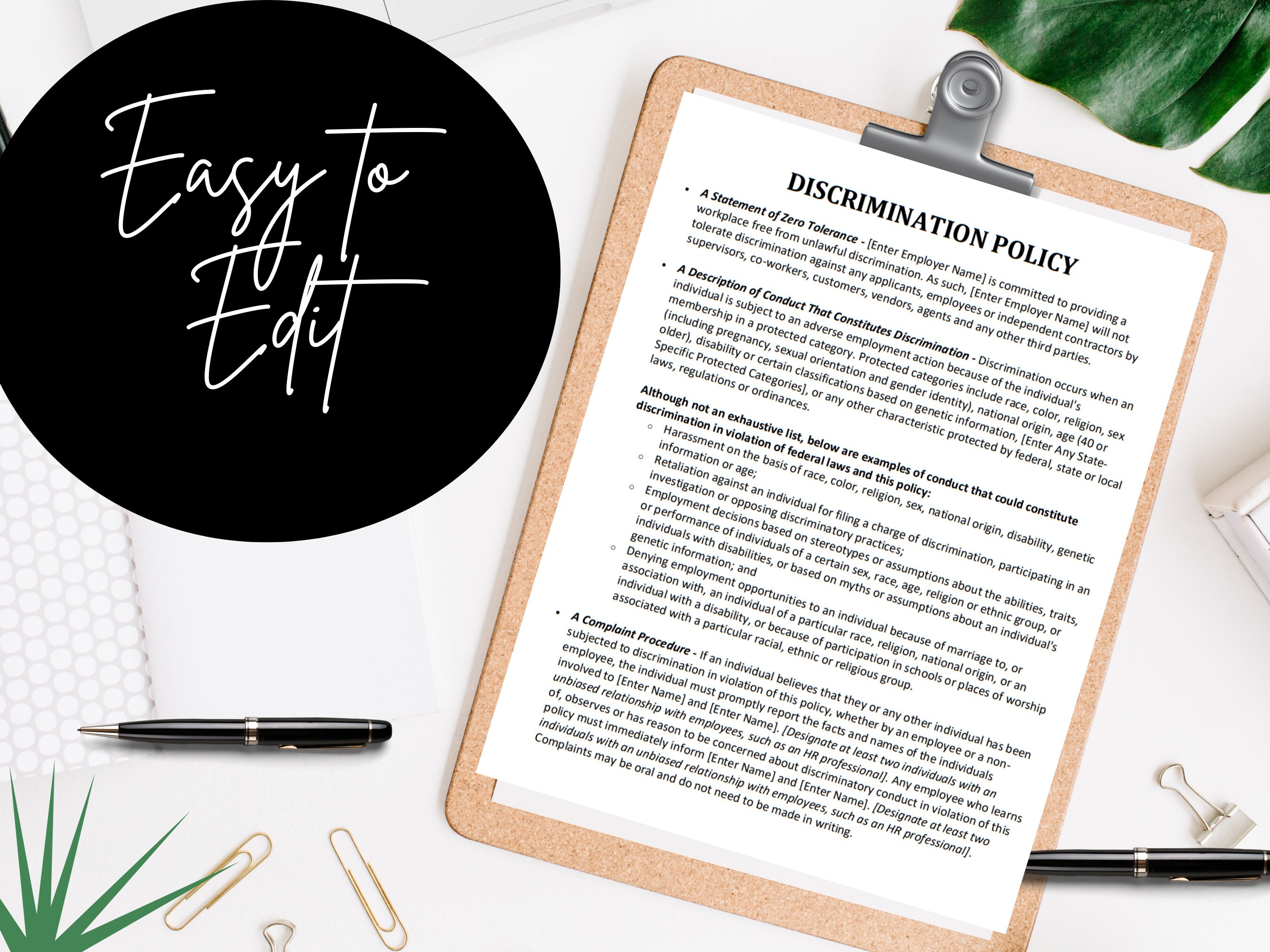 Discrimination Policy Template Editable Word Form Human Resources HR ...