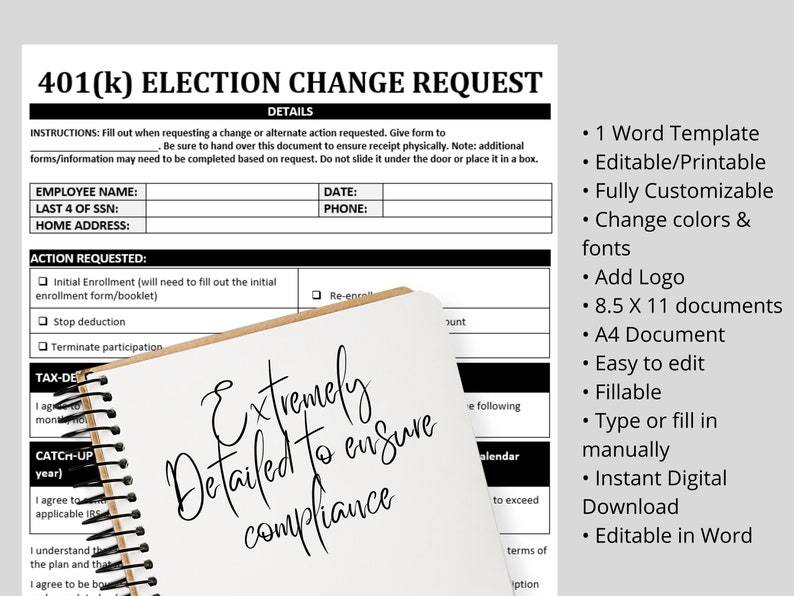 401k Election Change Request Form Employee Contribution Adjustment ...