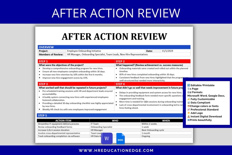 After Action Report Template: Project Review, Lessons Learned (digital ...