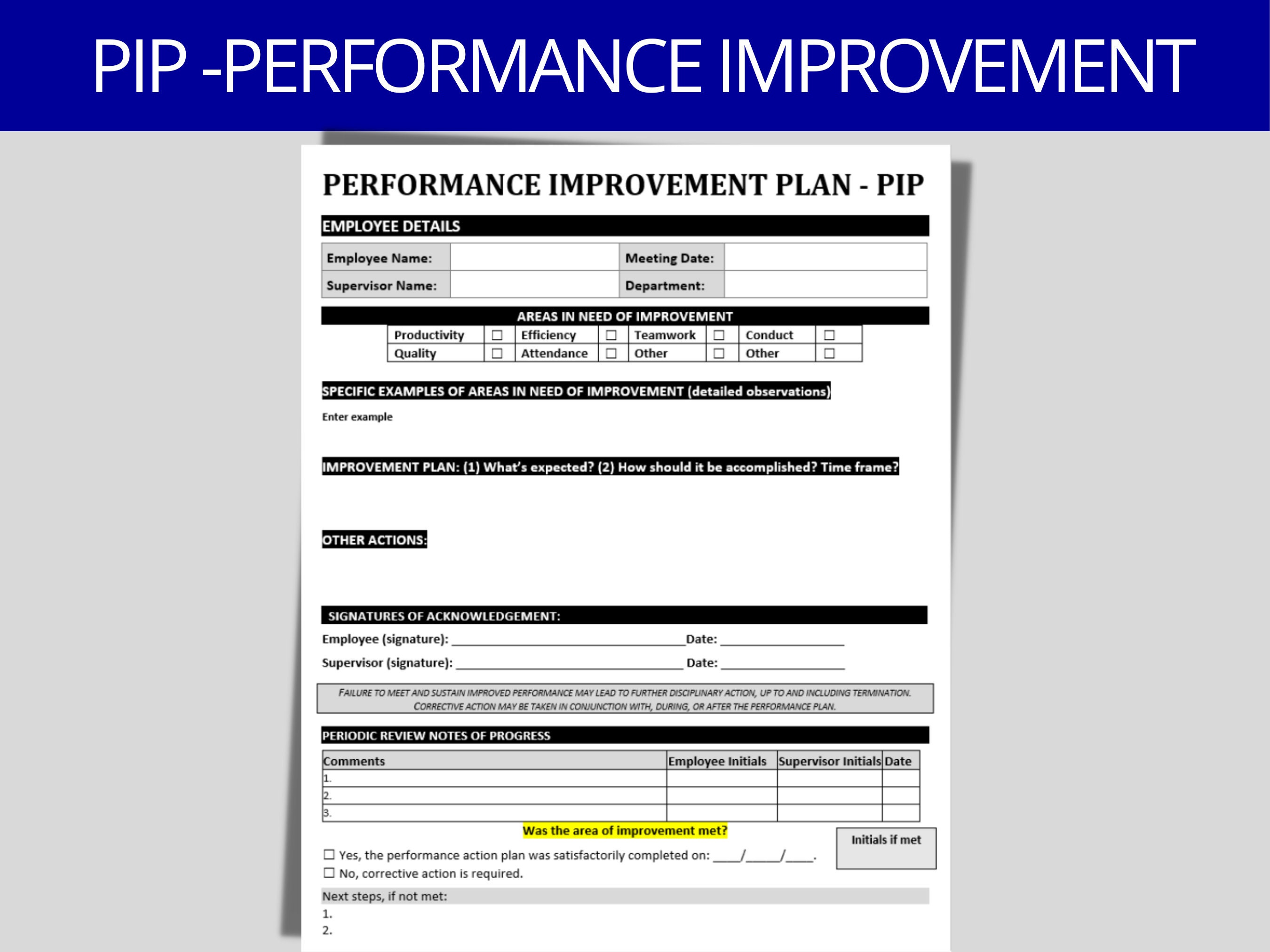Performance Improvement Plan PIP Template Employee Performance Employee Performance Improvement Plan PIP Template Employee Performance Employee