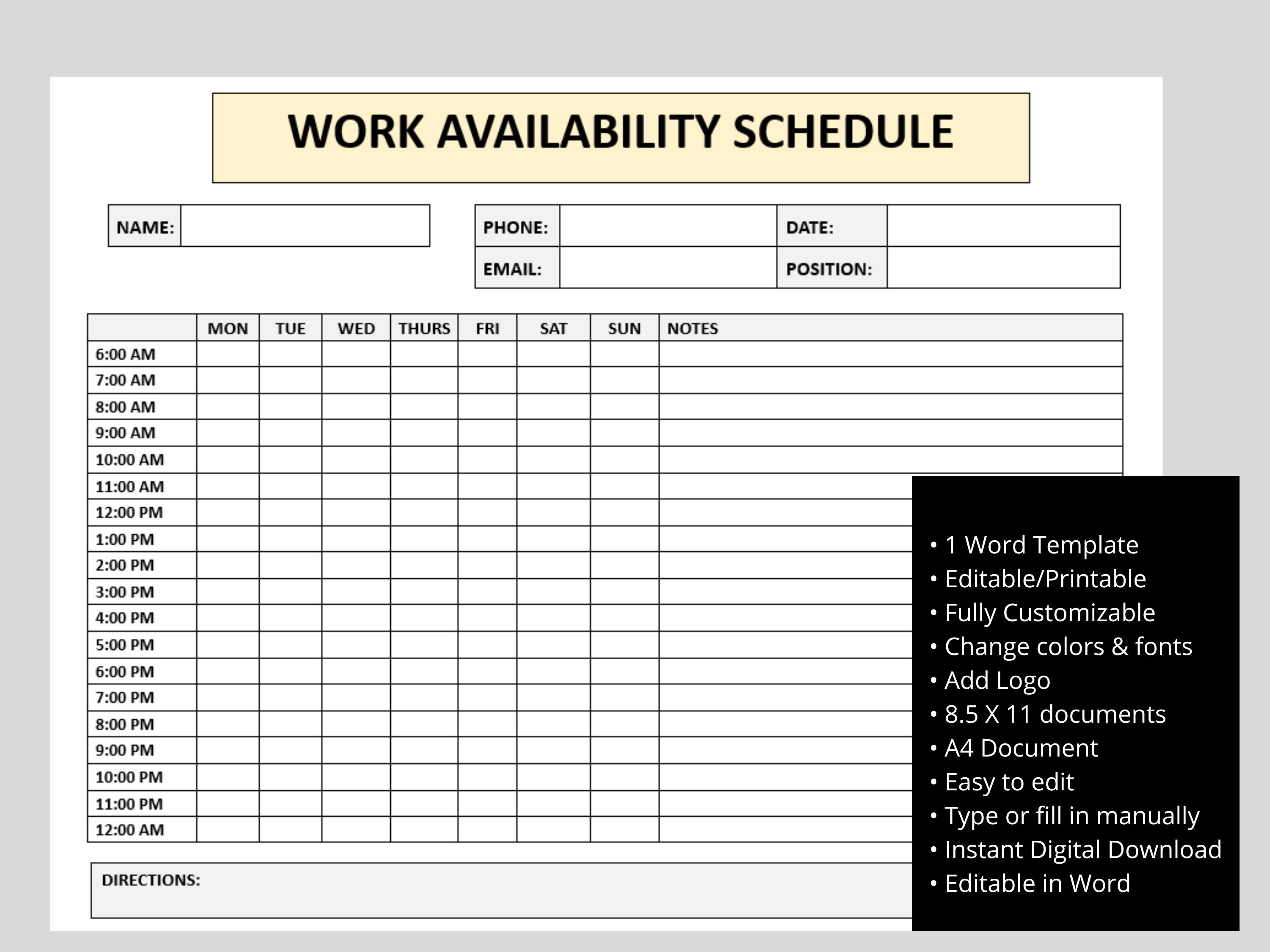 Employee Availability Form: Weekly & Hourly Schedule Template Work ...