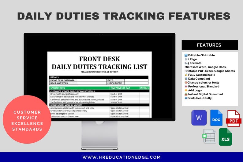 Front Desk Reception Checklist: Daily Duties Template (digital Download ...