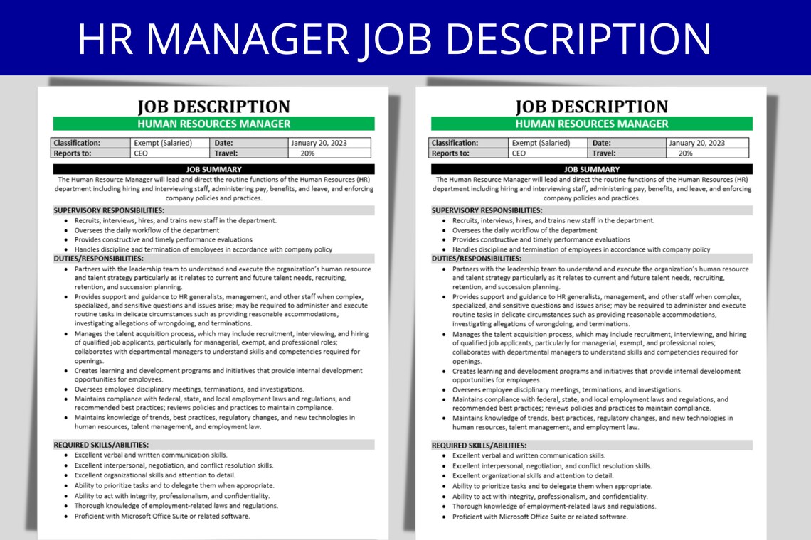 Human Resources Manager Job Description MS Editable Word Document HR ...