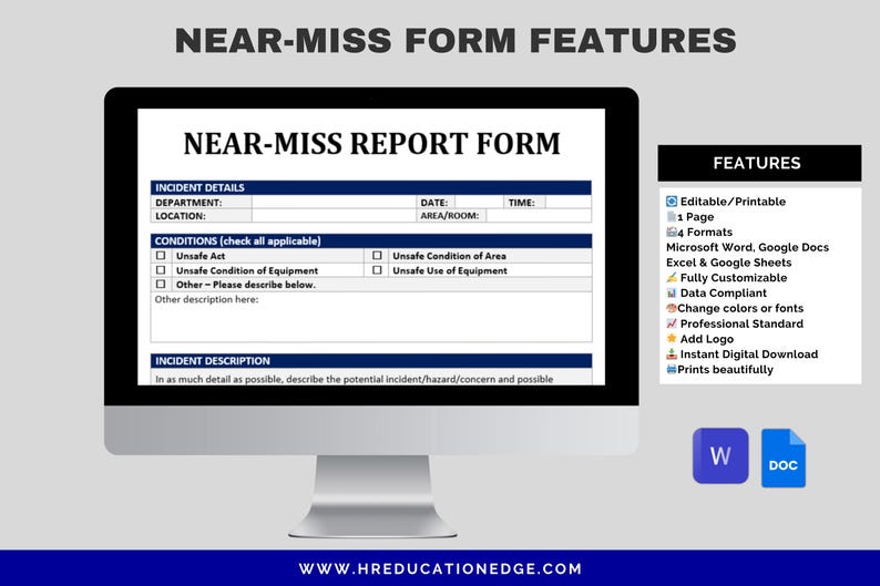 Near Miss Incident Report Form: OSHA Safety Template (word & Google ...