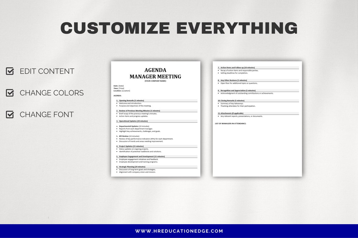 Manager Meeting Agenda Template: HR, Operations, KPI (editable Word ...