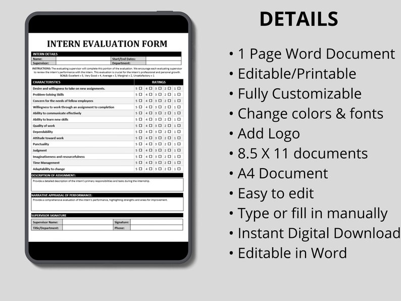 Intern Evaluation Form: Performance Review HR Template (digital ...