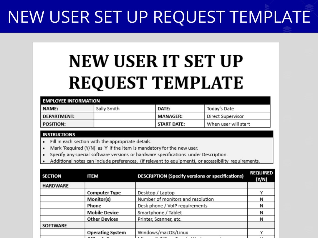 New User IT Setup Request - Tech Setup Template - Network Access, Access Rights, New Employee ...