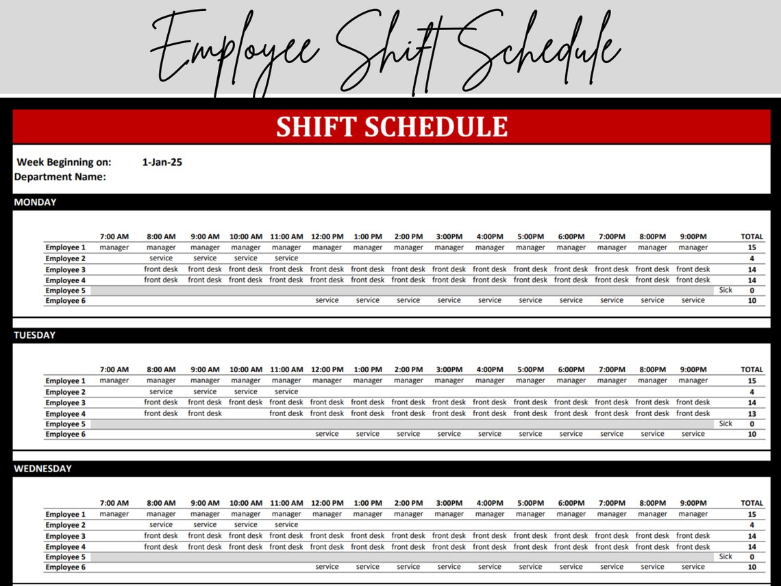 Employee Shift Schedule Work Shift Schedule Planner Staff - Etsy